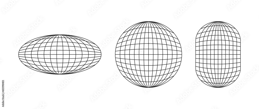 Vetor de Wireframe shapes. Sphere, ellipse. Globe grid frame elements ...