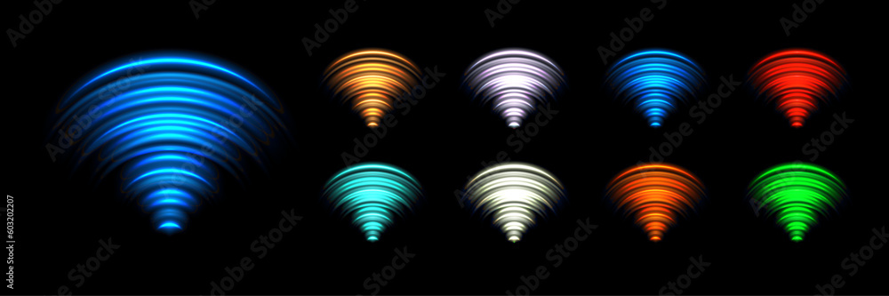 Wi-Fi light effect, Blue, white, red, silver and gold neon signal ...