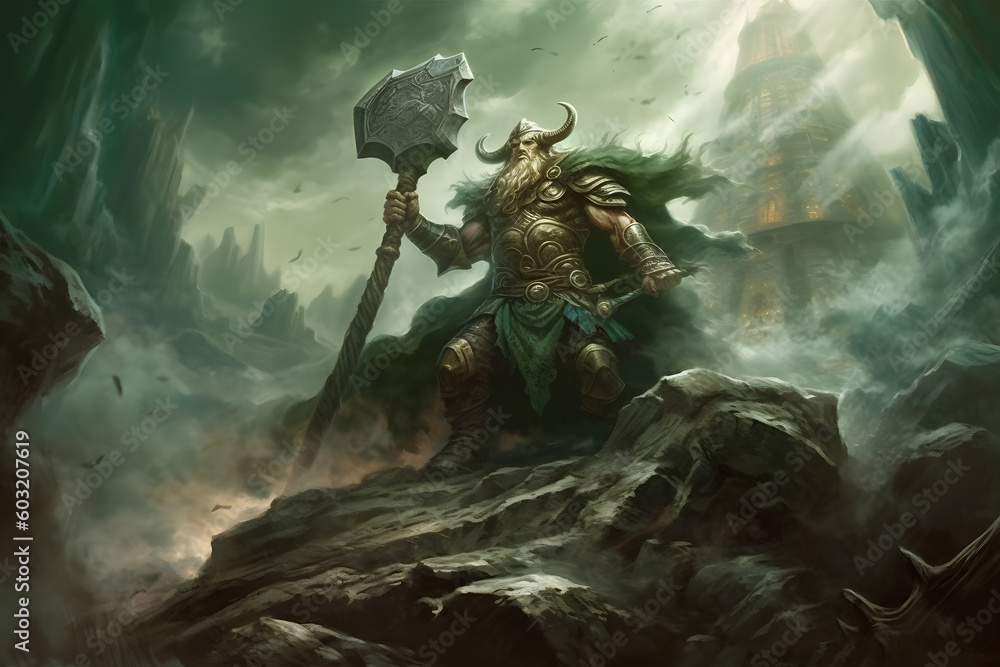 God Thor holds the hammer Mjelnir, a warrior with a sword, thunder and lightning, the battle of ...