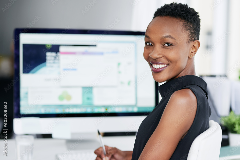 Business, portrait and black woman with computer screen in office happy ...
