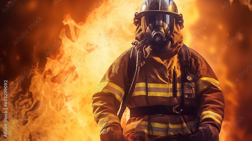 Fireman with fire hose for fighting fire wearing fire protective suite ...