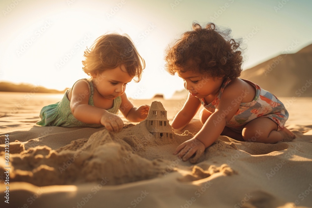 Portrait children playing sand castles on the beach AI Generative Stock ...