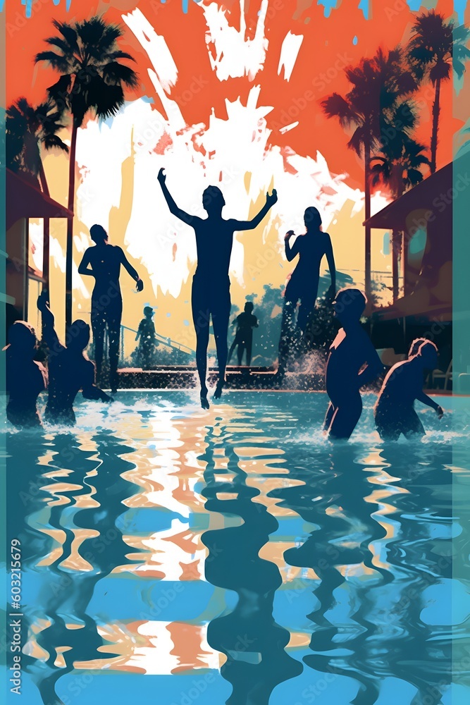 Poolside Splash Fest: Silhouettes of People Celebrating with Red, White ...