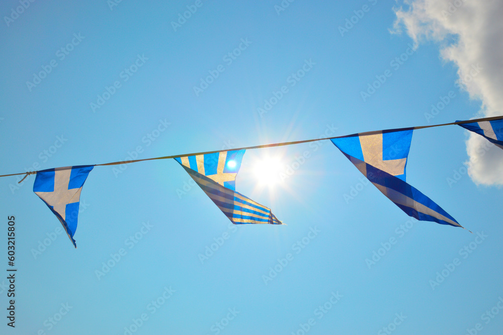 Greek flag on the street, blue and white national colors. Patriotic ...