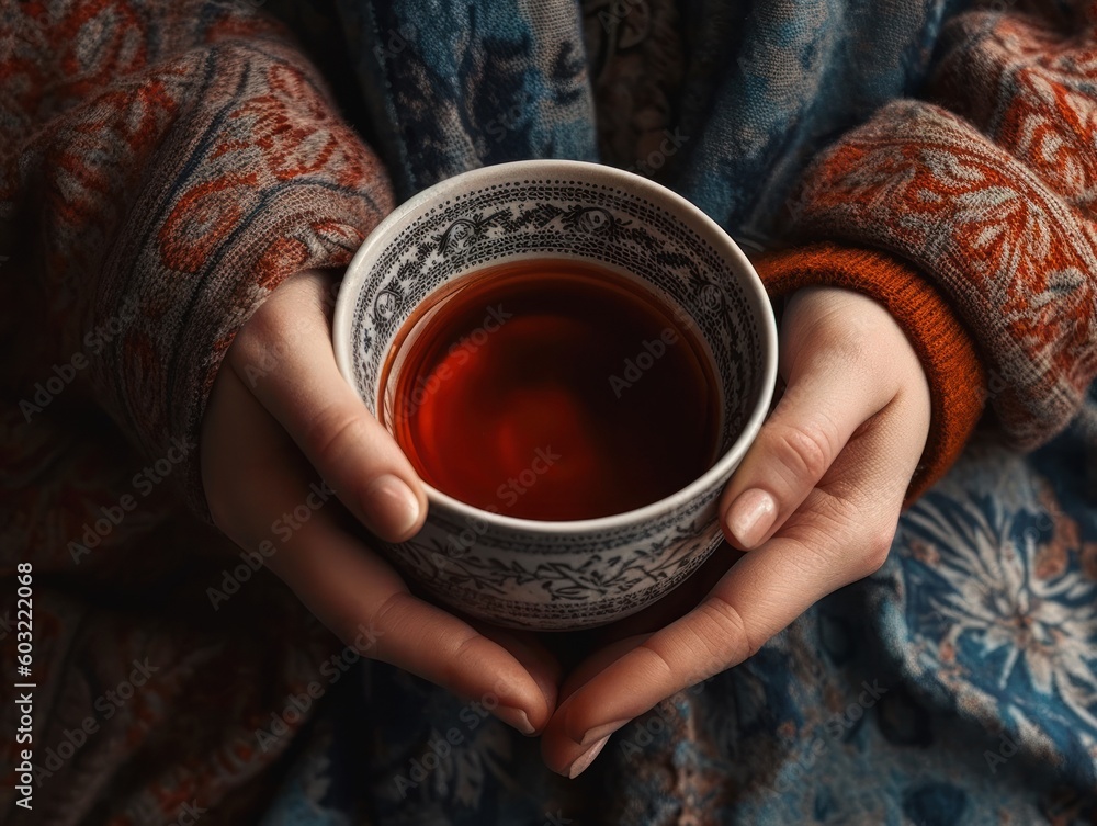 persons hands holding cup hot tea soft red tone color patterns textures ...
