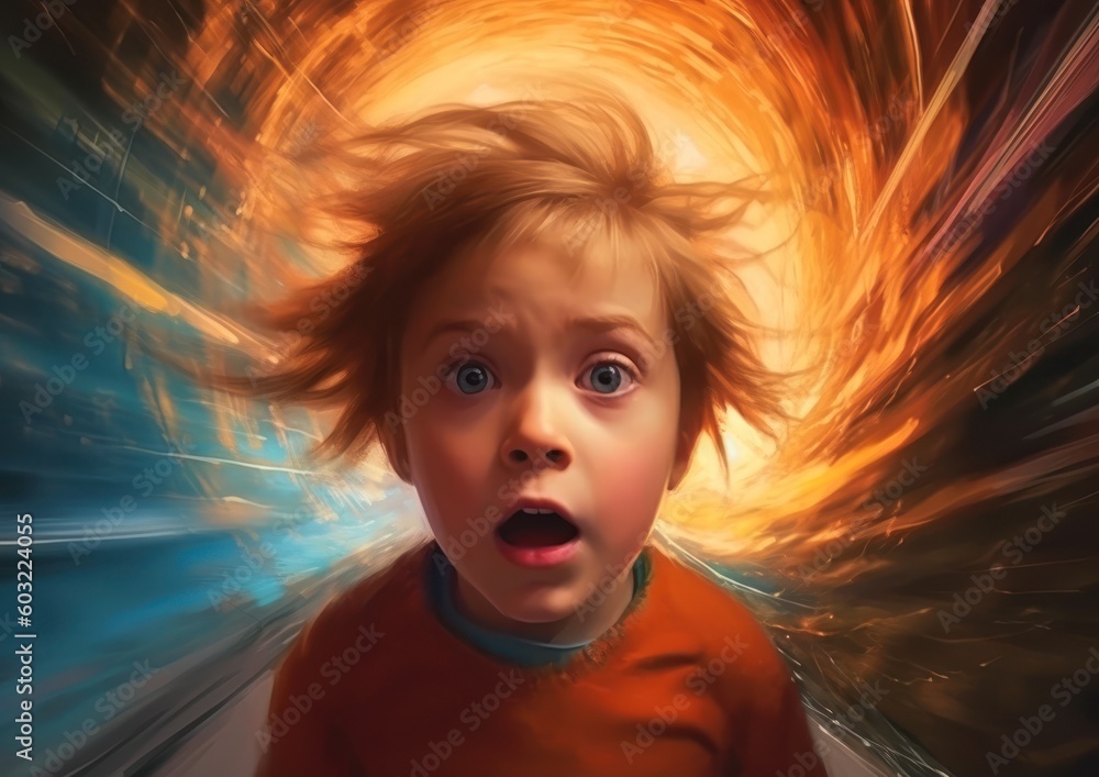 intense incredible speed closeup child surprised look face science ...