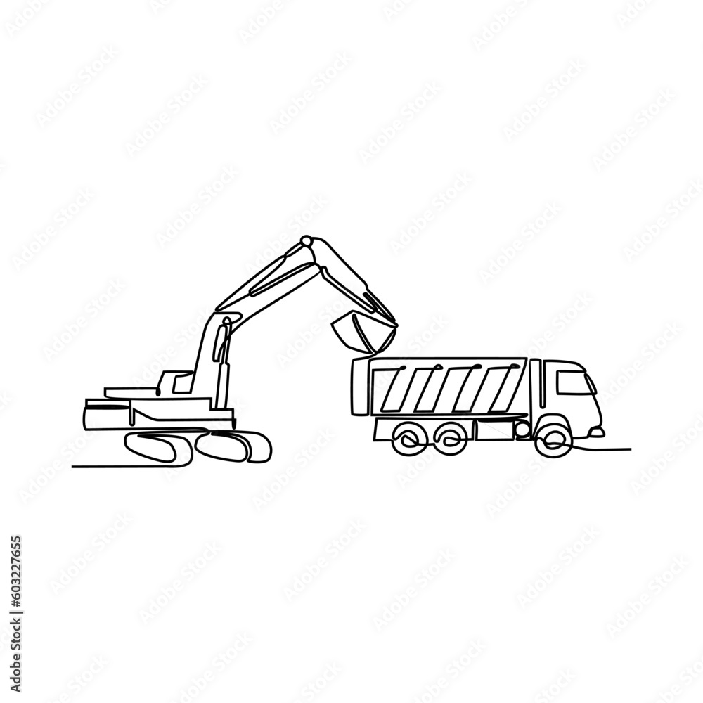 One continuous line drawing of excavator in the site project ...