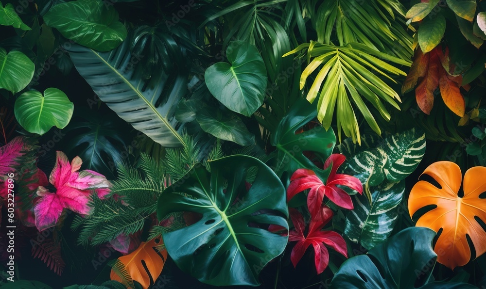 many brightly colored tropical plants are on a black wall Stock ...