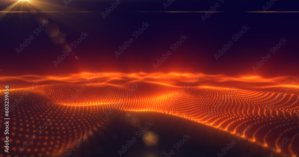 Abstract orange energy surface with magic waves of particles and points ...