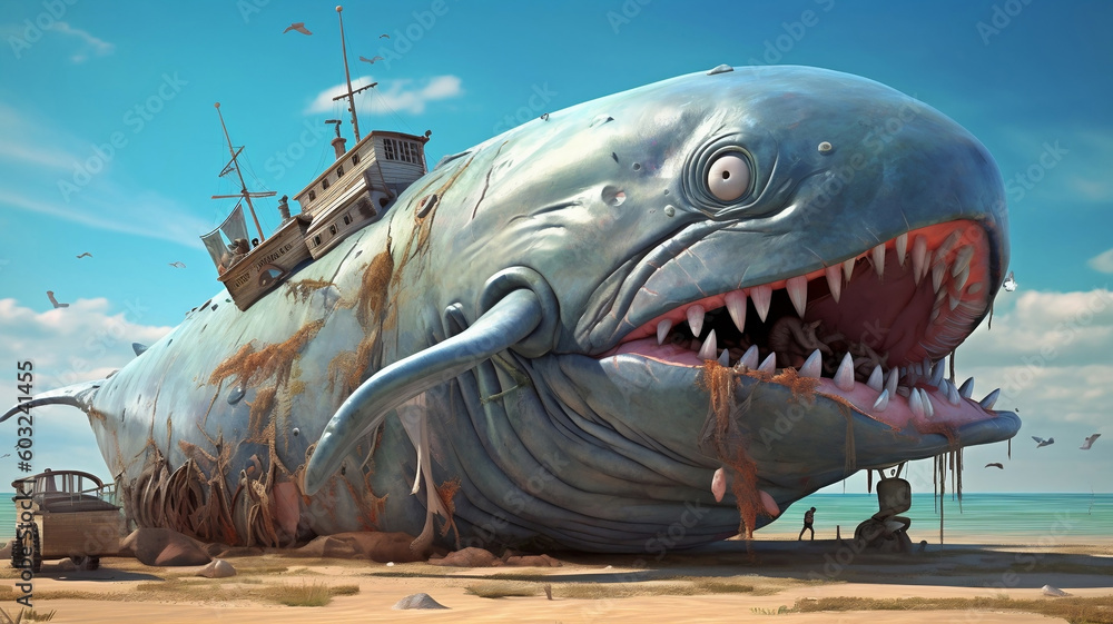 ภาพประกอบสต็อก A humourous beached whale or giant sea monster covered in boat wreckage and ...