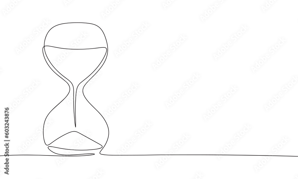 Hourglass or sand clock as one line drawing banner. Continuous hand ...