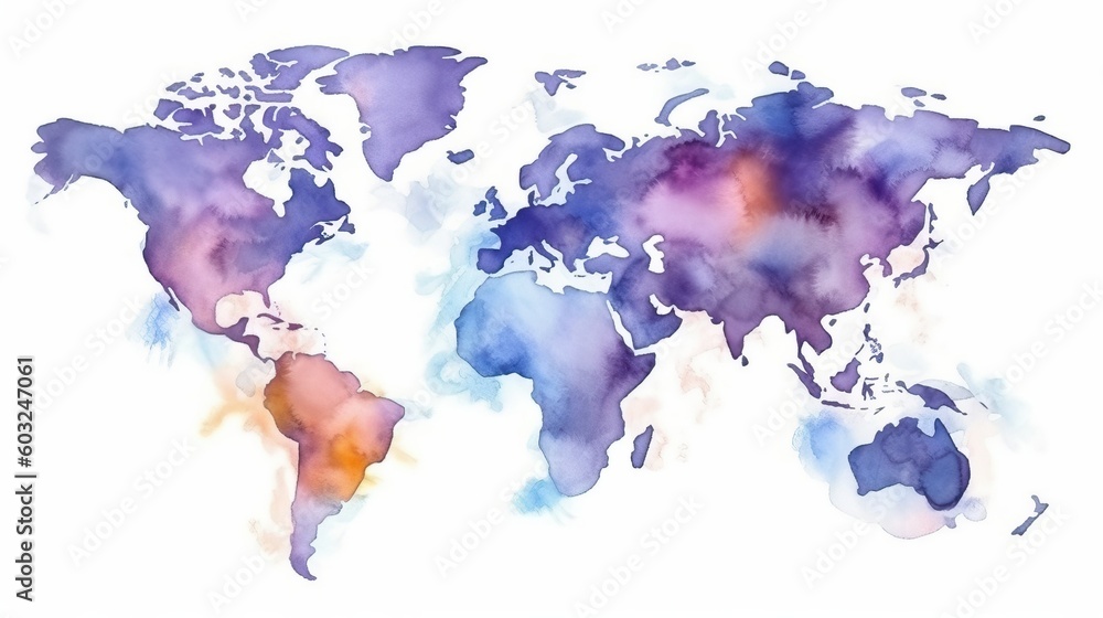 Colorful world map in watercolor style. Generative AI. Stock ...