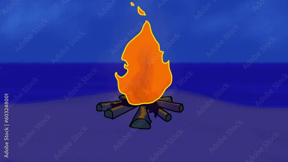 Beautiful hand drawn animation of orange fire loop on night sea shore ...