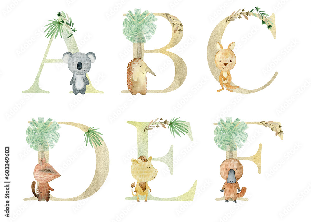 Watercolor australian animals letters for invitation card, nursery ...