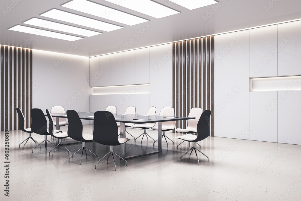 Perspective view on dark conference table and stylish wheel chairs on ...
