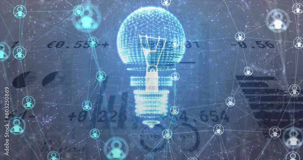 Animation of light bulb, connections with chatbot icons and data ...