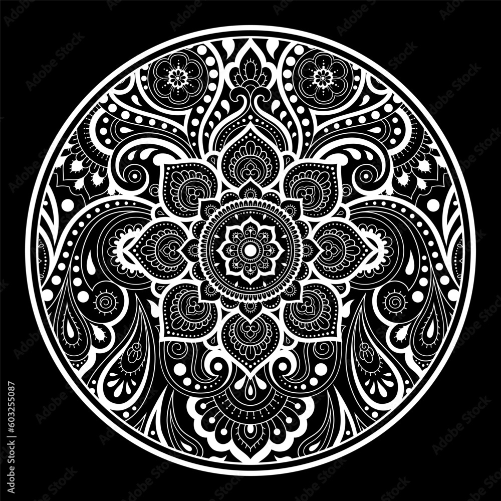 Outline round flower pattern in mehndi style for coloring book page ...