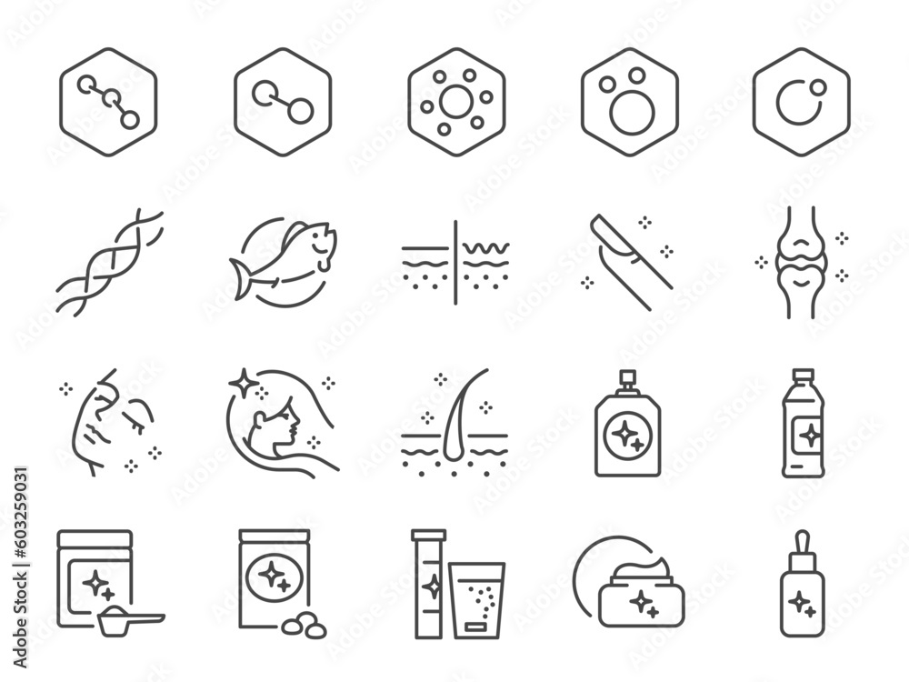 Collagen icon set. It included the Dietary supplement, protein, amino ...