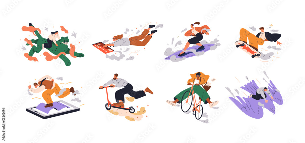 Active fast people with free energy in motion. Energetic enthusiastic ...