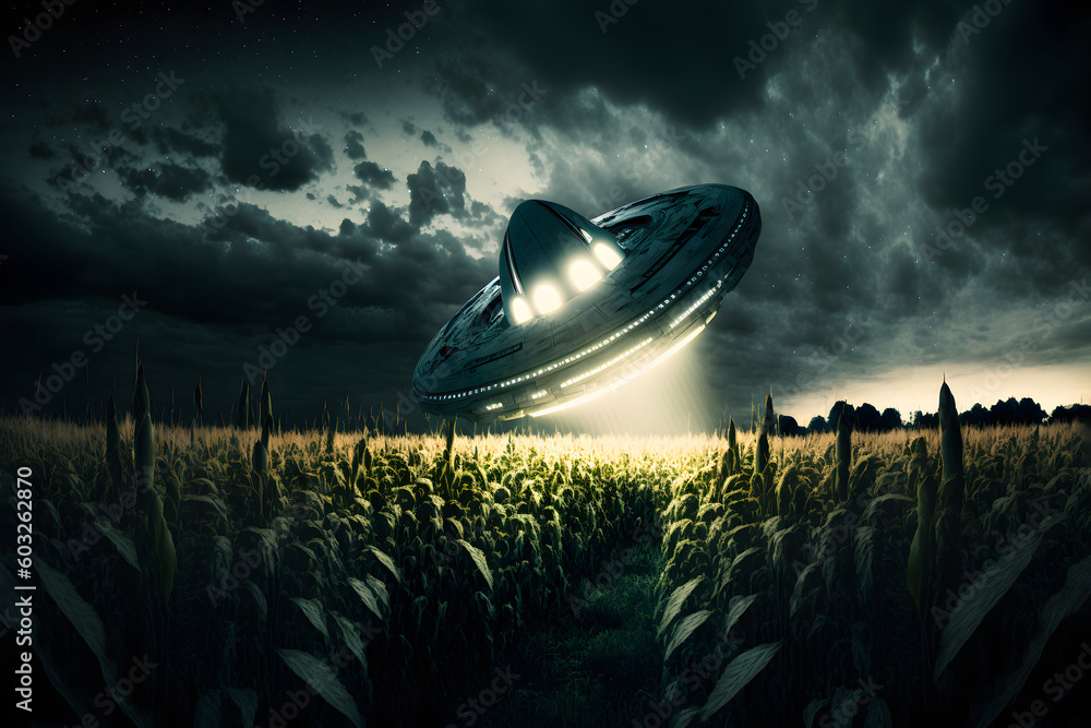 UFO saucer hovering over corn field at starry night with wide beam of light underneath, neural ...
