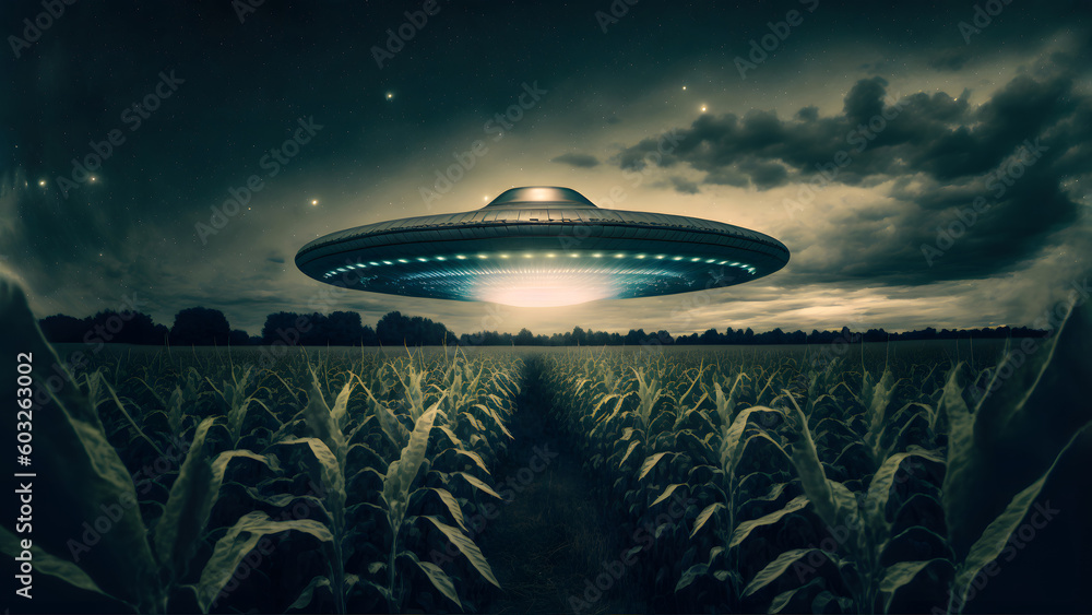 UFO saucer hovering over corn field at starry night with wide beam of light underneath, neural ...