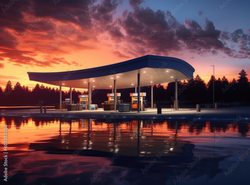 Horizontal shot of a generic unbranded gas station at night with copy ...