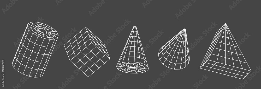 Wireframe geometric shapes 3d render. Abstract digital objects from ...