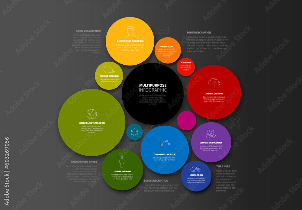 Multipurpose dark colorful circle mosaic infographic with icons Stock ...