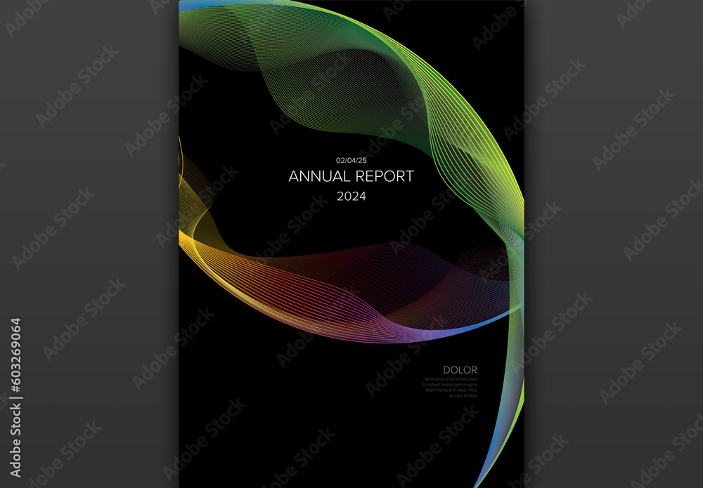 Dark annual report front cover page template with rainbow circles with ...