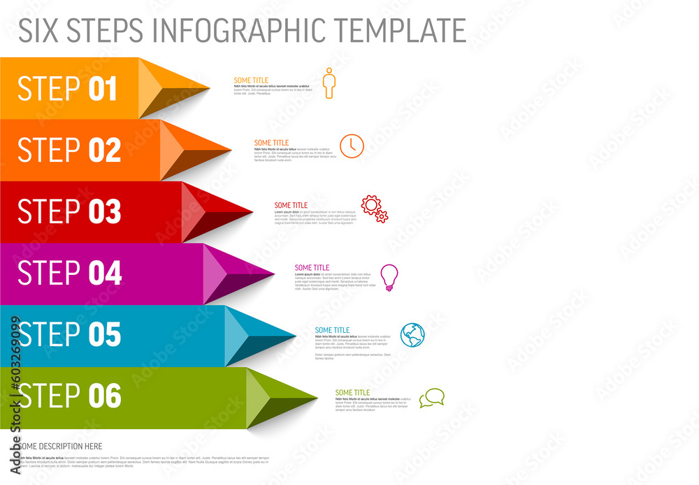 Simple light infographic with title and six steps on solid stripes with ...