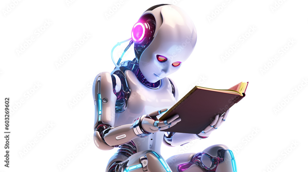 Cheerful Humanoid Android Reading Book on transparent background png ...