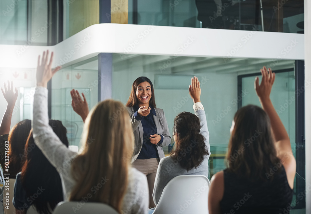 Hands up, black woman or business people in a presentation asking women ...