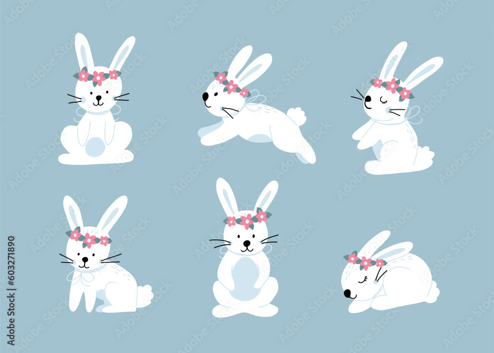 Vector set of cute rabbits in cartoon style. Bunny pet silhouette in ...