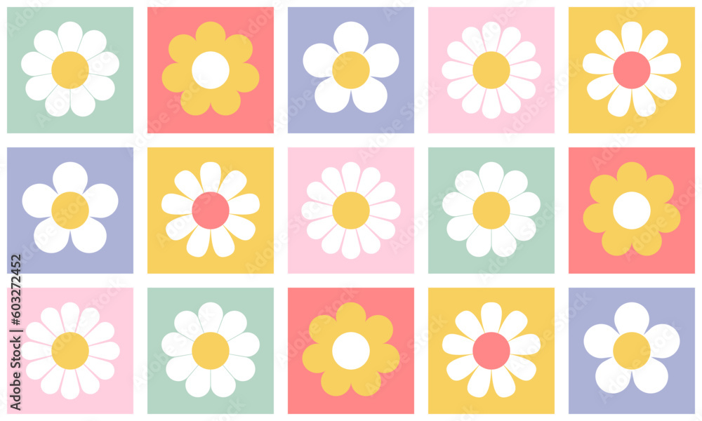 Vintage pastel flower on grid. Geometric seamless pattern. Vector ...