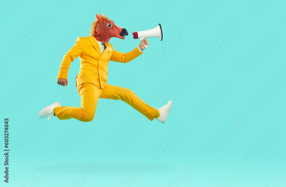 Full body side view young man in trendy yellow suit and funny crazy ...