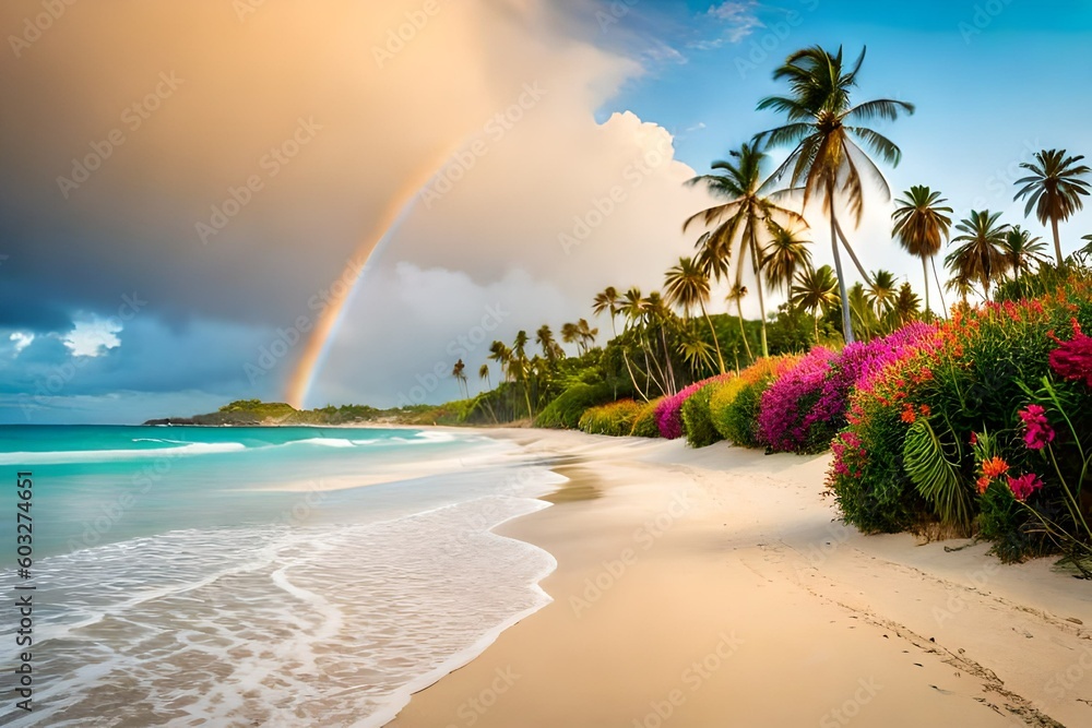 Beautiful summer vacation holidays, sea beach with palm tree leaves ...