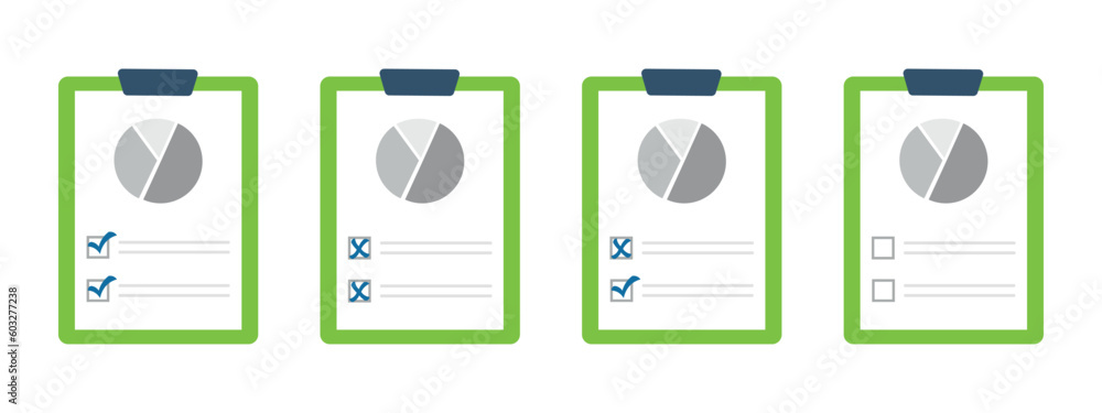 A set of documents with a pie chart, graph marked with a blue check ...