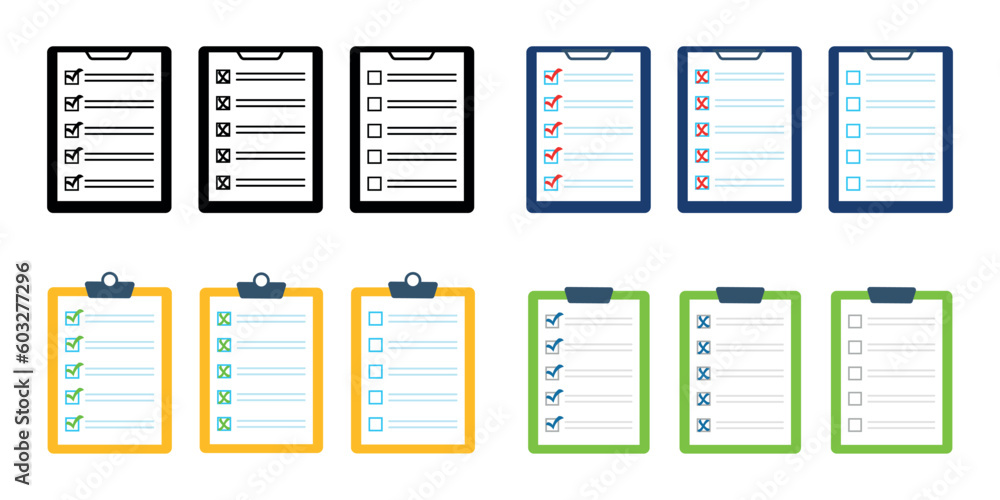 Set of checklists with checkmarks and crosses. Checklist icon set on ...