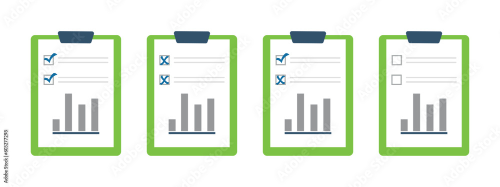 Set of document icons with graph marked with a blue check mark and ...