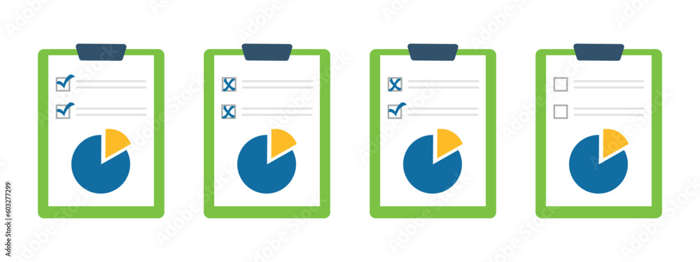 Set of document icons with a pie chart, graph marked with a blue check ...