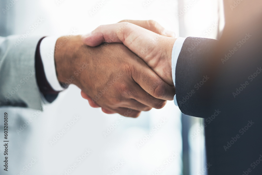 Deal, business people and handshake by men for b2b partnership, welcome ...