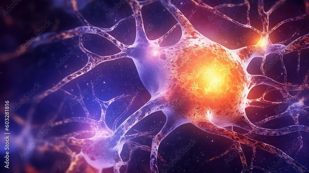 Orange purple neuron cells connect neurons with glowing link knots in ...