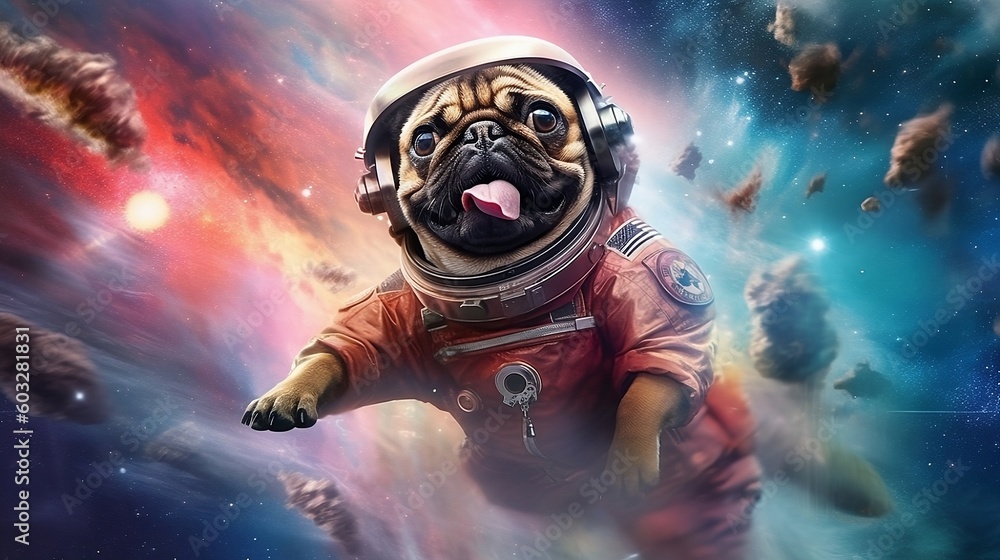 Pug dog astronaut floating in space with colorful nebula of deep space ...