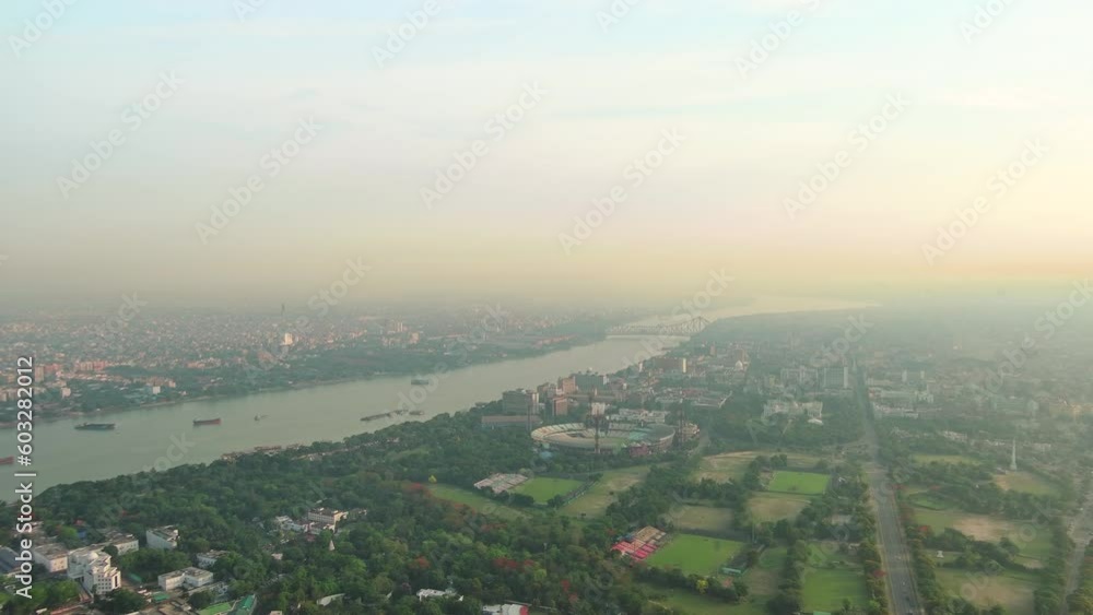 Kolkata: Aerial view of city in India, boats on river Ganges (Hooghly ...