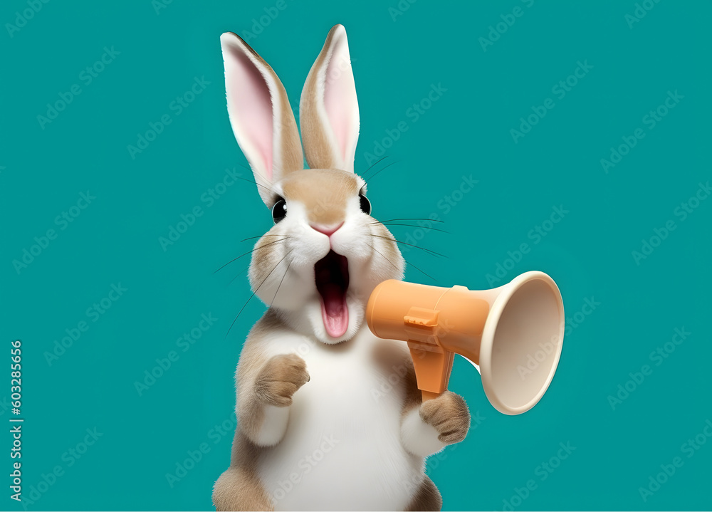 Rabbit announcing using hand speaker. Notifying, warning, announcement ...