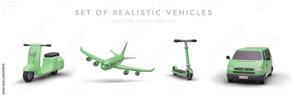 3D set of modern vehicles of green color. Different types of trips ...