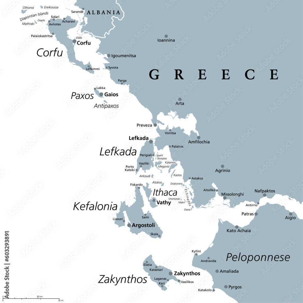 Ionian Islands Region of Greece, gray political map. Greek island group ...