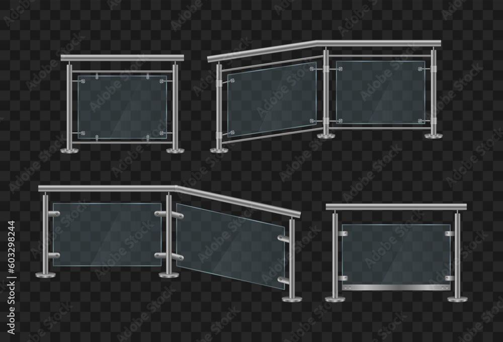 Glass balustrade with iron banister front and angle view. Architectural ...