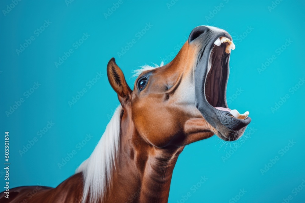 Screaming horse with its mouth wide open in front of a blue background ...