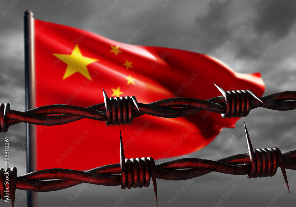 Flag of China. Barbed wire near PRC symbol. Sanctions for Chinese state ...
